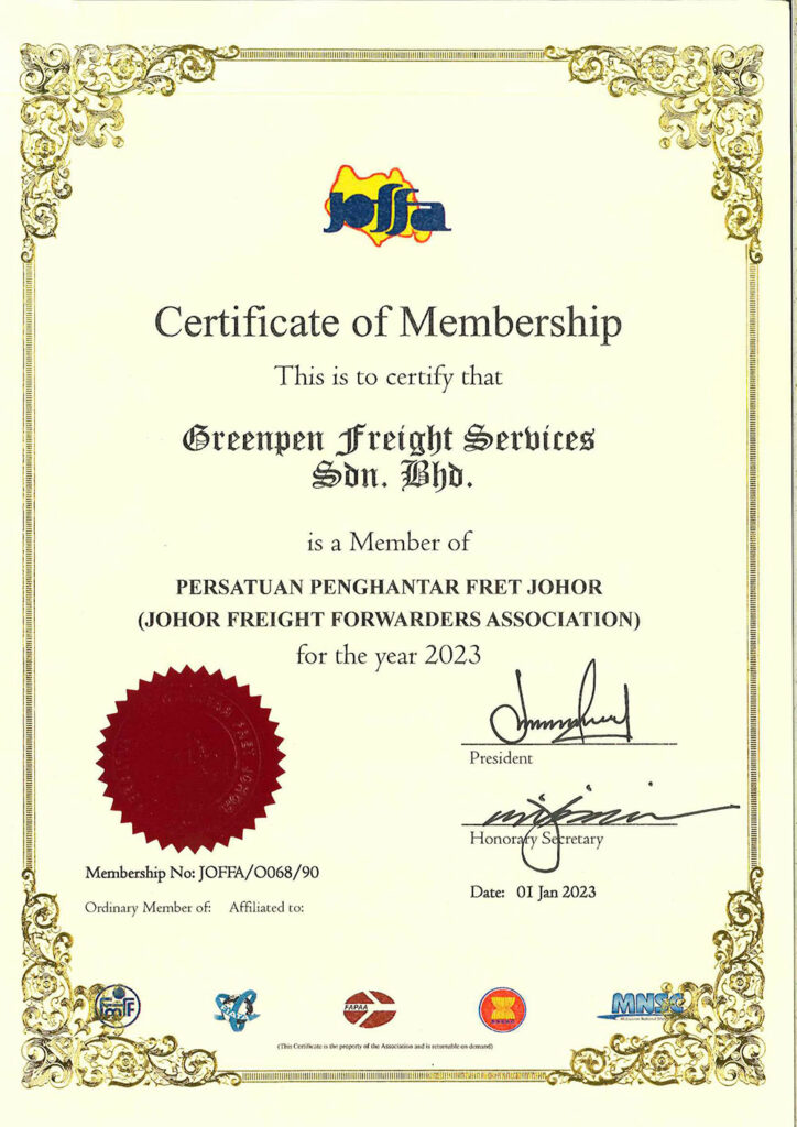 Our Credential and Certifications - Greenpen Freight Services Sdn Bhd